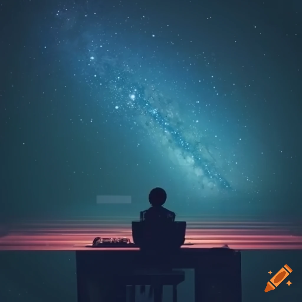A programmer coding late at night under a starry sky on Craiyon