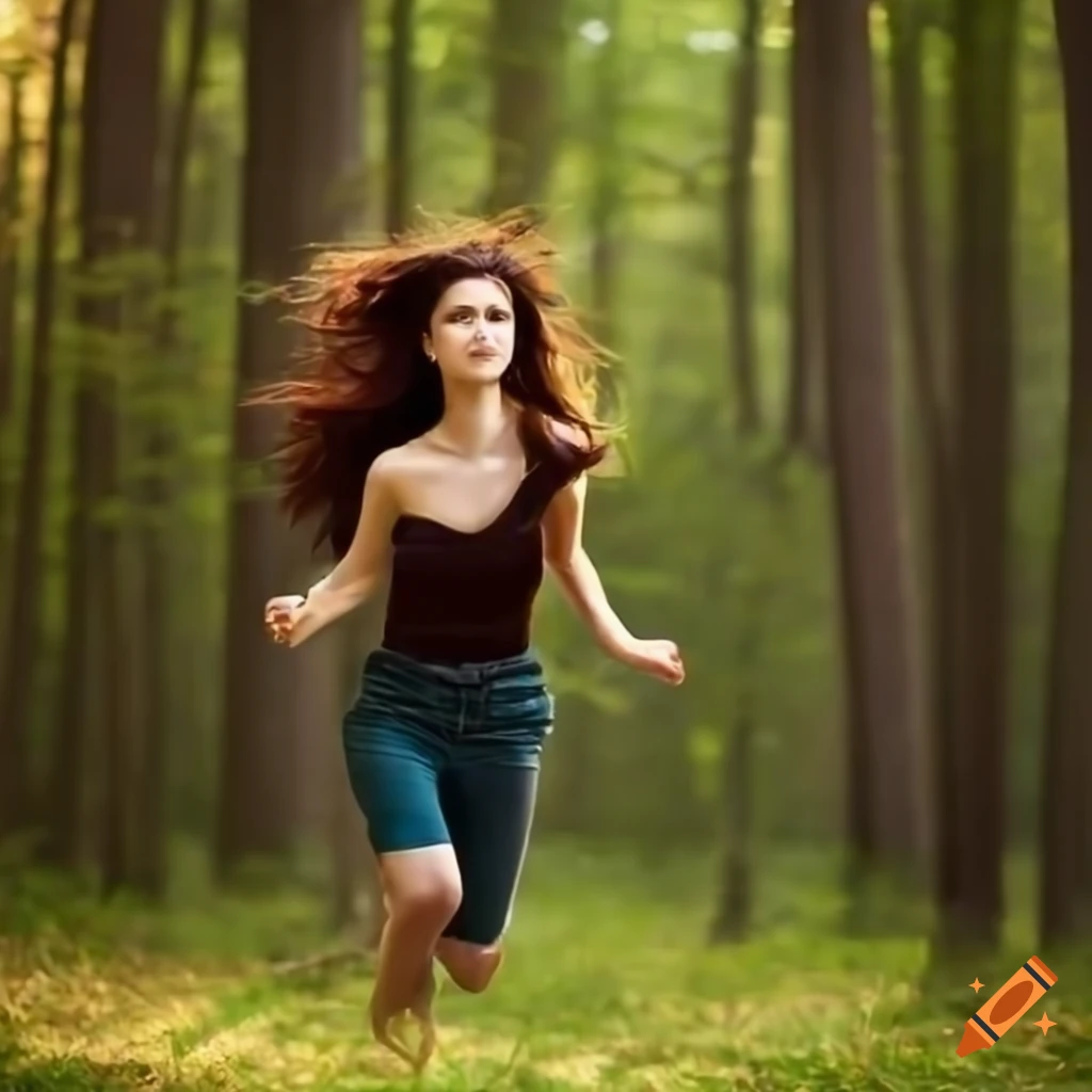 Beautiful woman with brown hair running through a forest on Craiyon