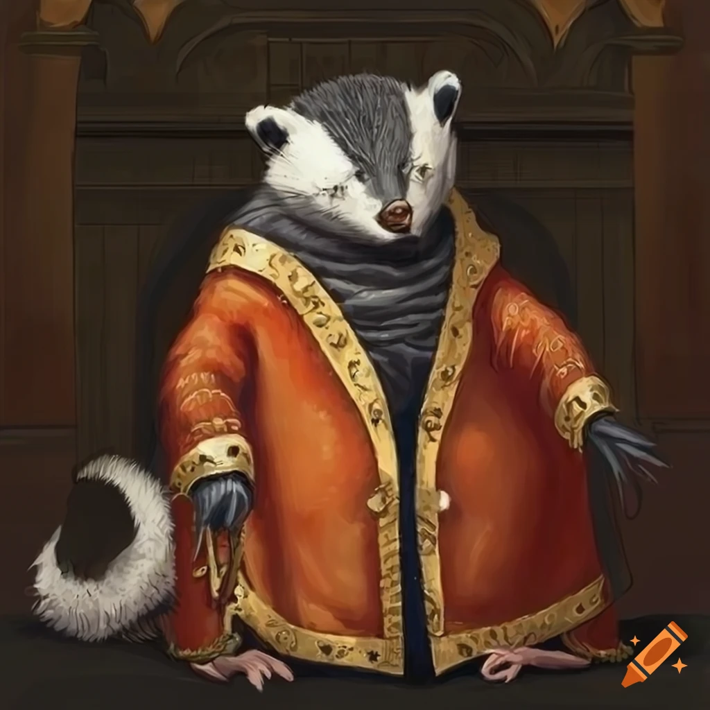 A fat bloated gluttonous anthro badger king wearing a royal coat with ...