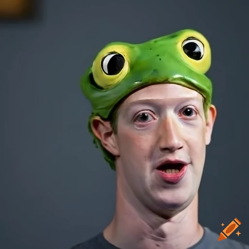 Mark zuckerberg wearing a frog mask, in a hilarious pose