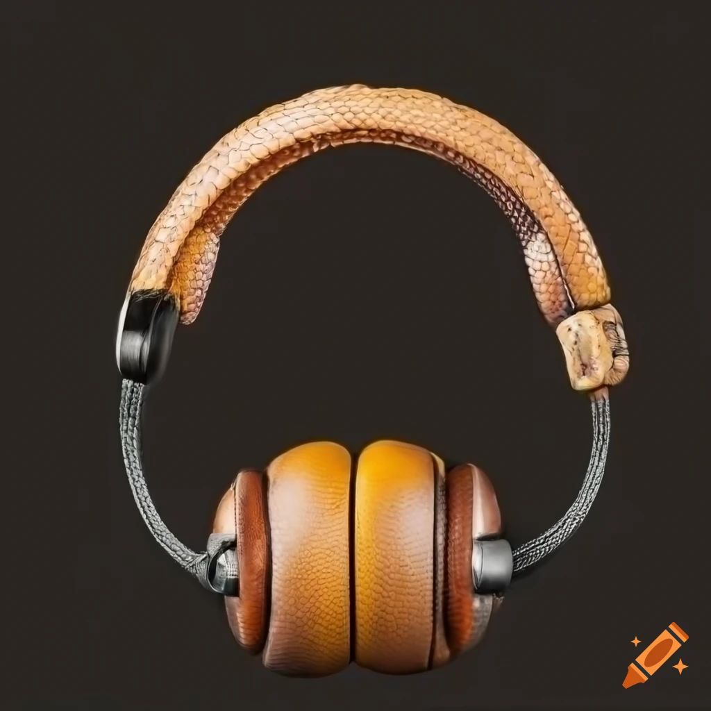 A python snake head closeup with old leather headphones on