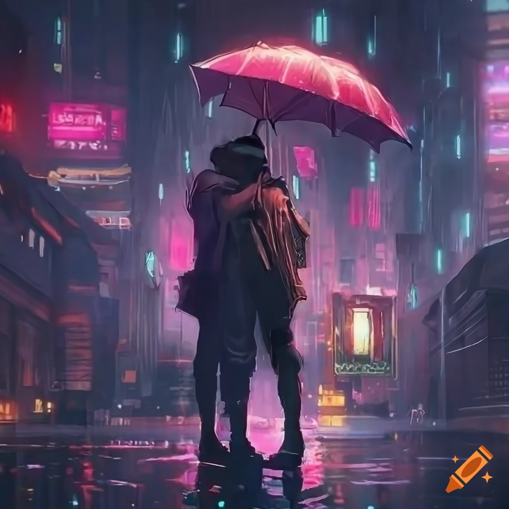 Cinematic cyberpunk couple; rainy summer night; under umbrella; 3 d ...