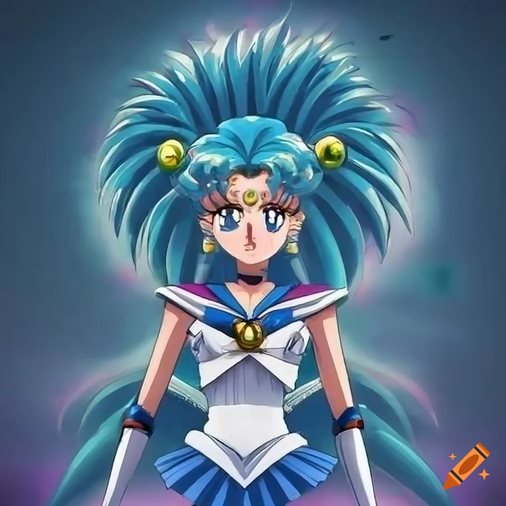 Sailor moon with ssj blue hair unleashing powerful energy, 90s artwork ...