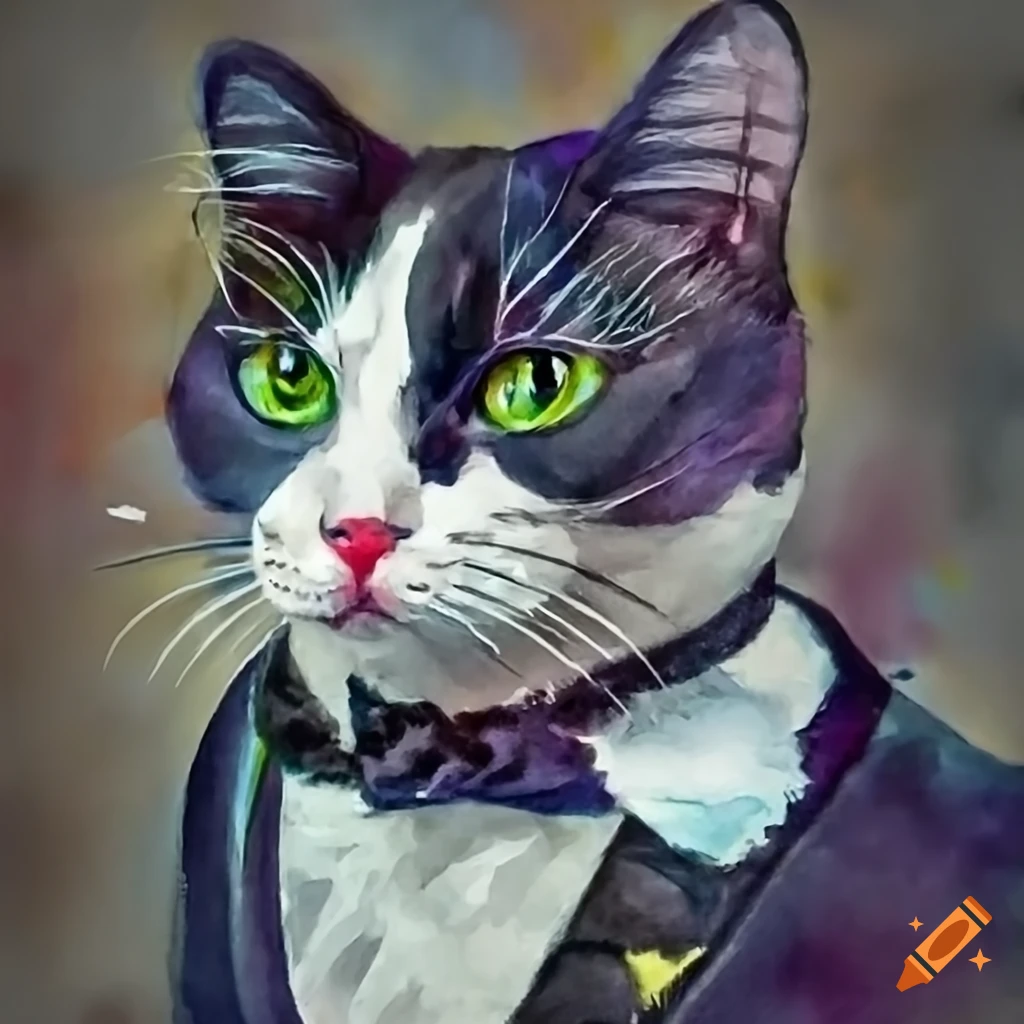 A black and white cat wearing a butler uniform, bright lighting on Craiyon