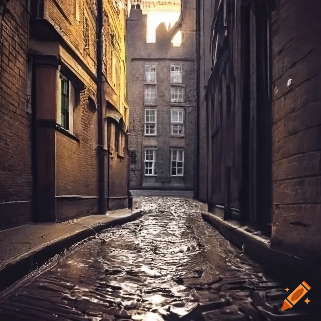 1700s london back alley photo wet mudd streets medieval sun rise