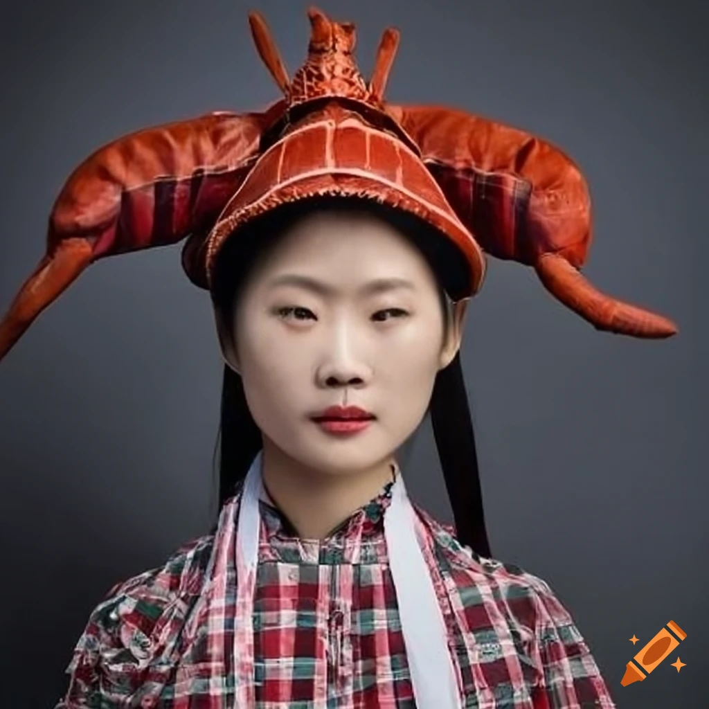 Victorian chinese woman wearing plaid apron, with giant lobster hat