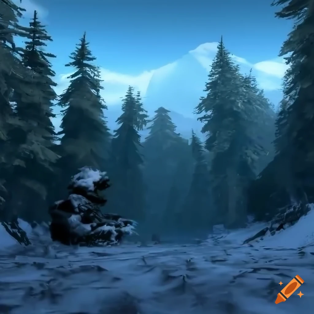 Halo spartan trekking through snowy pine forest, halo ring skybox on ...
