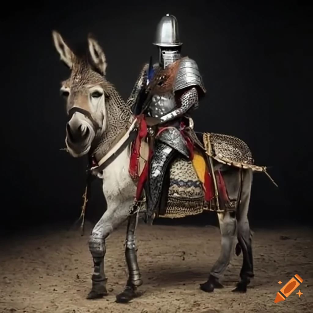 Donald tusk as medieval knight sits on the donkey on Craiyon