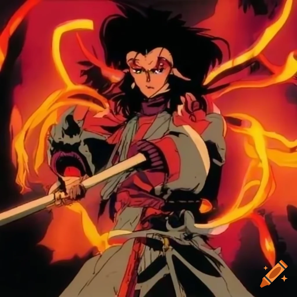 80-90's anime ova, dark horse comics, samurai with flame aura on Craiyon