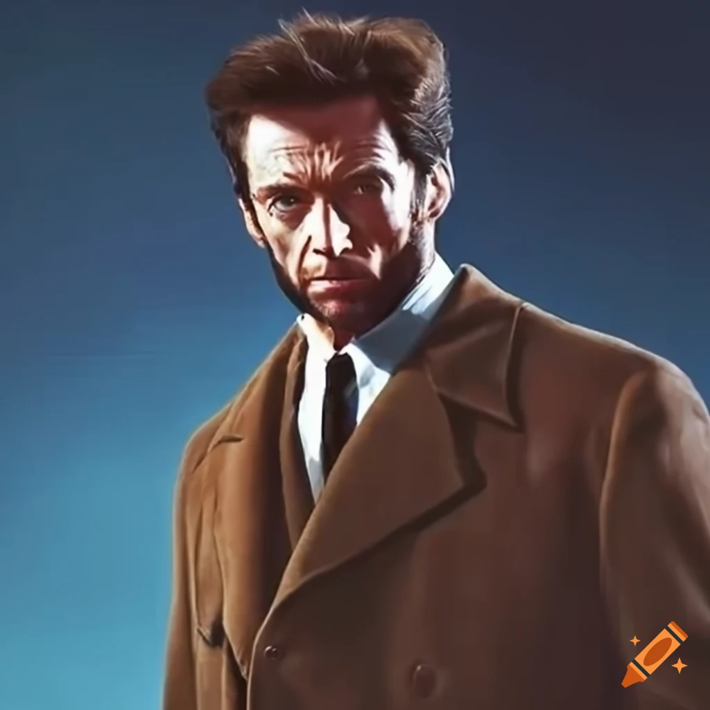 Hugh jackman as wolverine, 1960 detective brown coat, blue backdrop