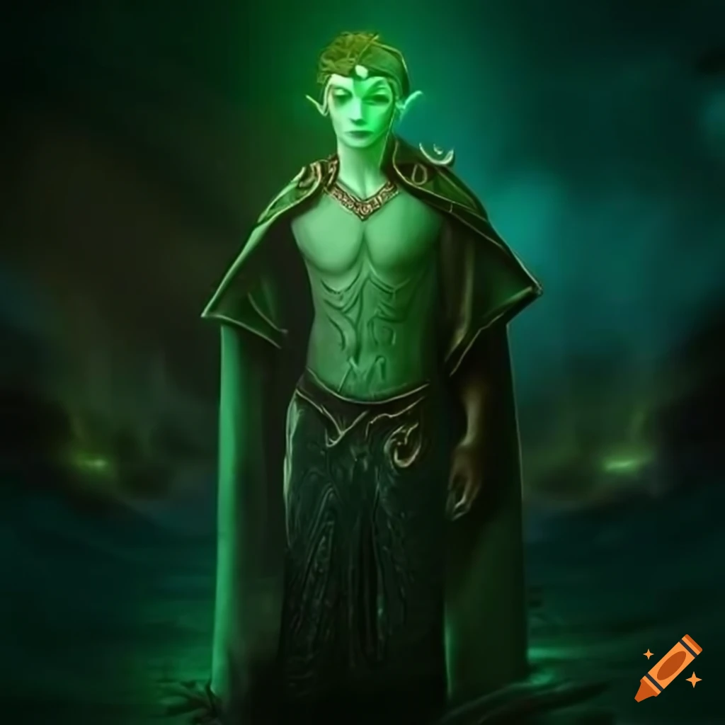 An elegant male elf in a green cape surrounded by mystical green flames ...