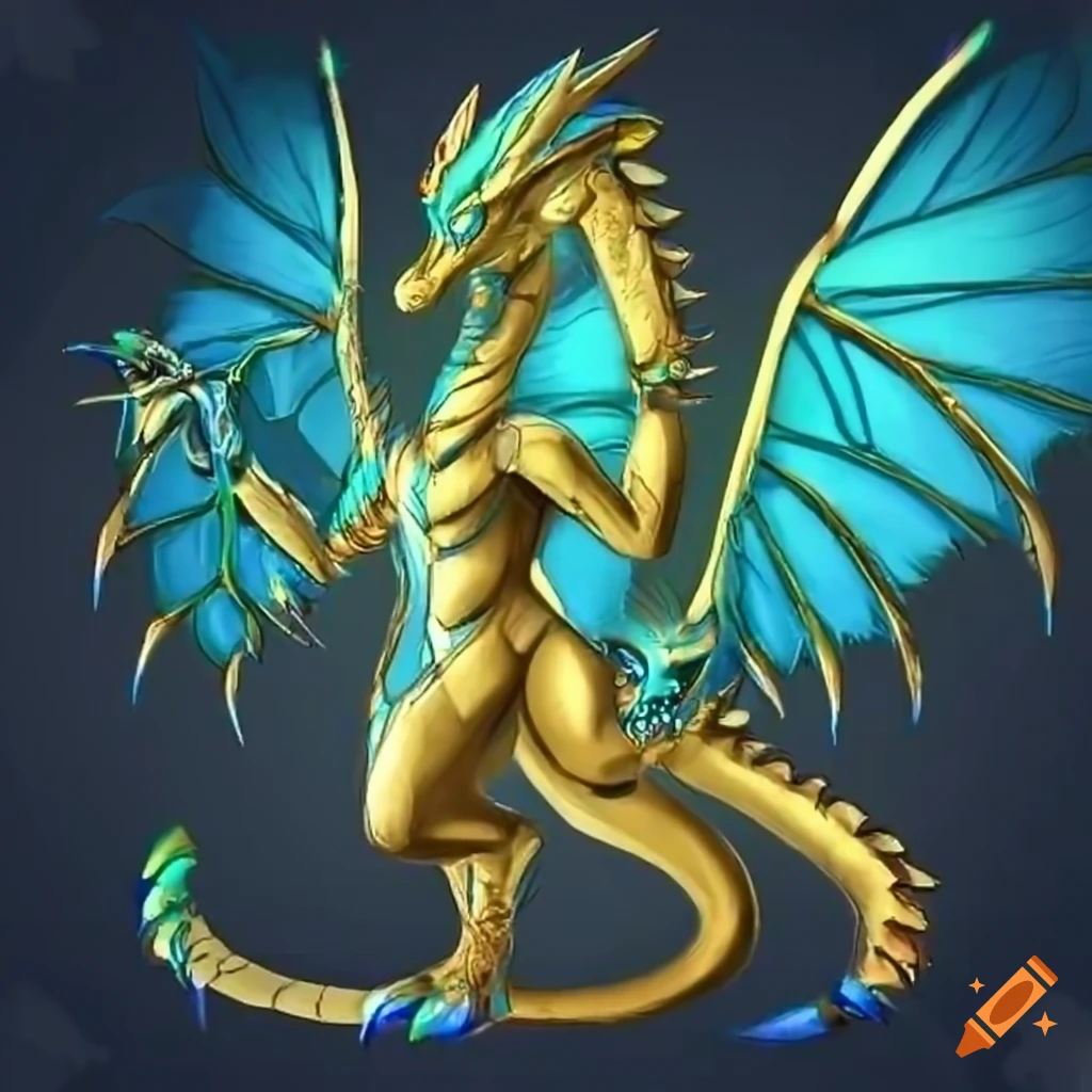 Gold anthro dragon with cyan wings and cyan-colored spikes on Craiyon