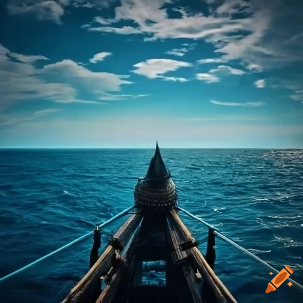 Make the view point from a pirate ship in the middle of a black sea