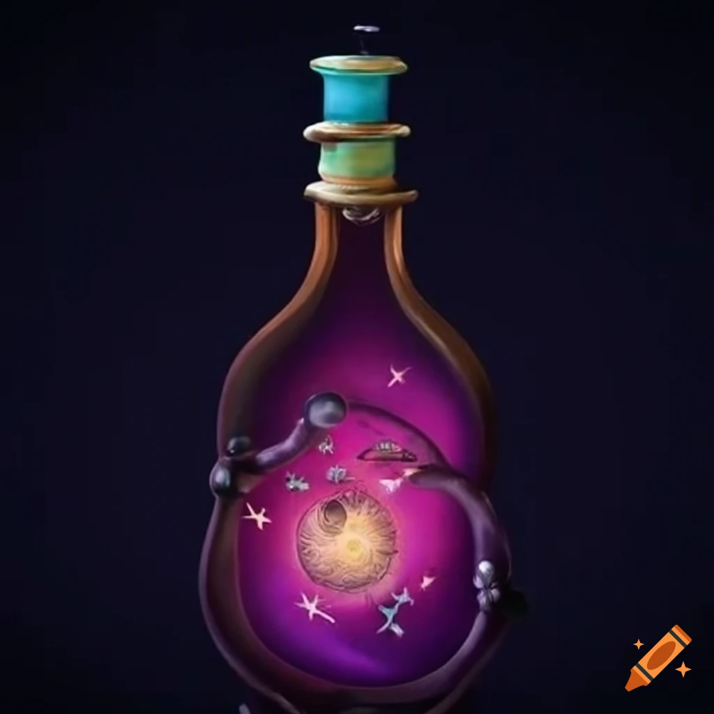 An enchanting potion bottle adorned with celestial symbols