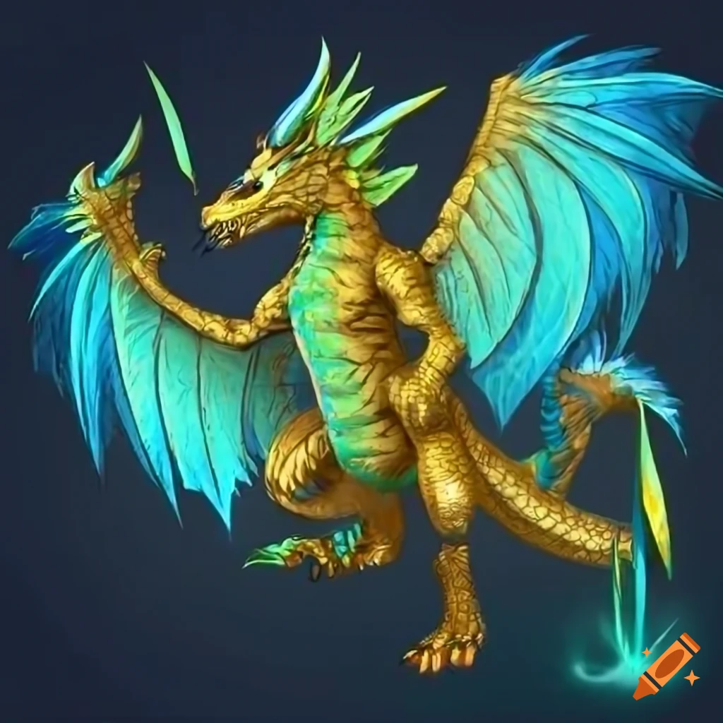 Gold anthro dragon with cyan wings and cyan-colored spikes