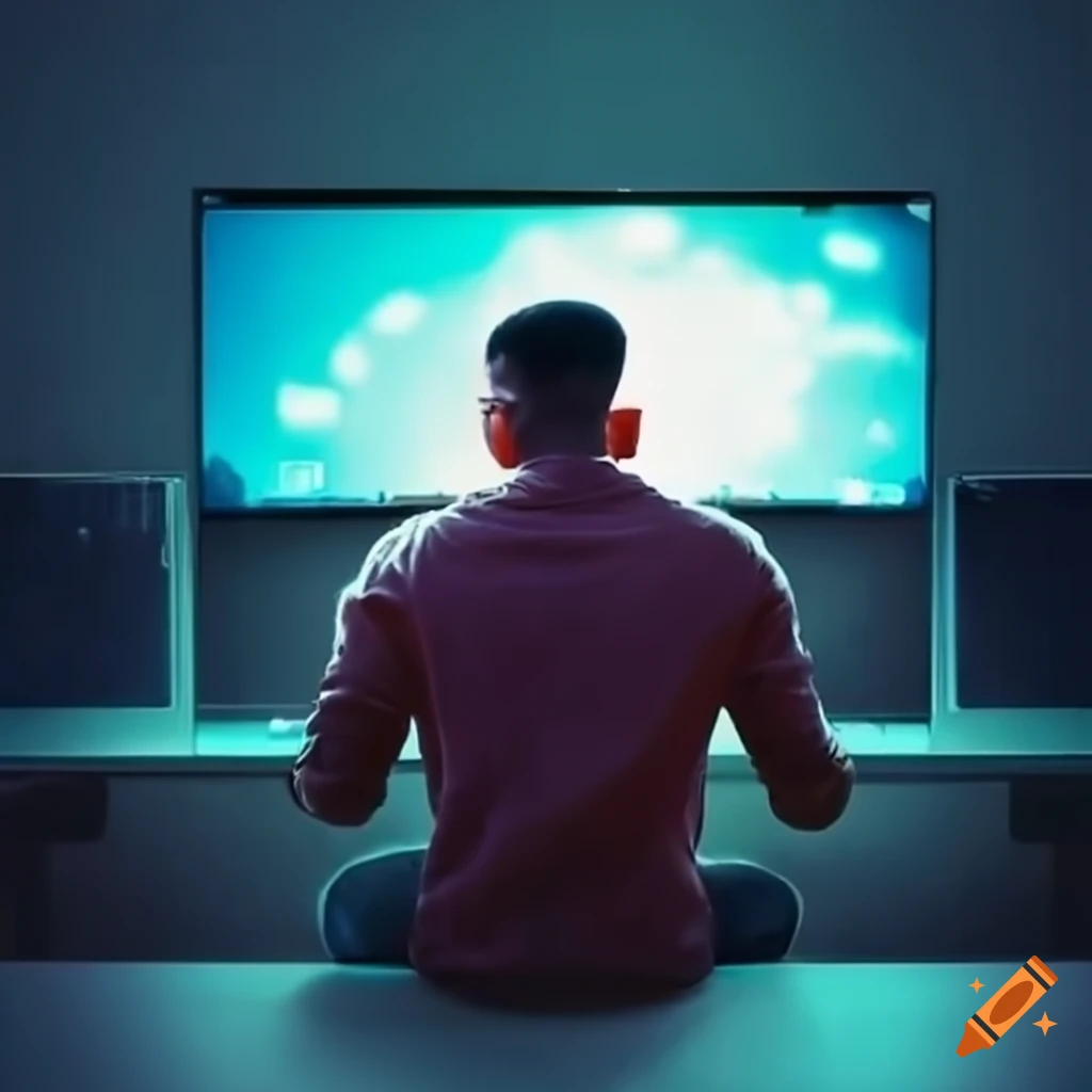 Young man sitting in front of monitors