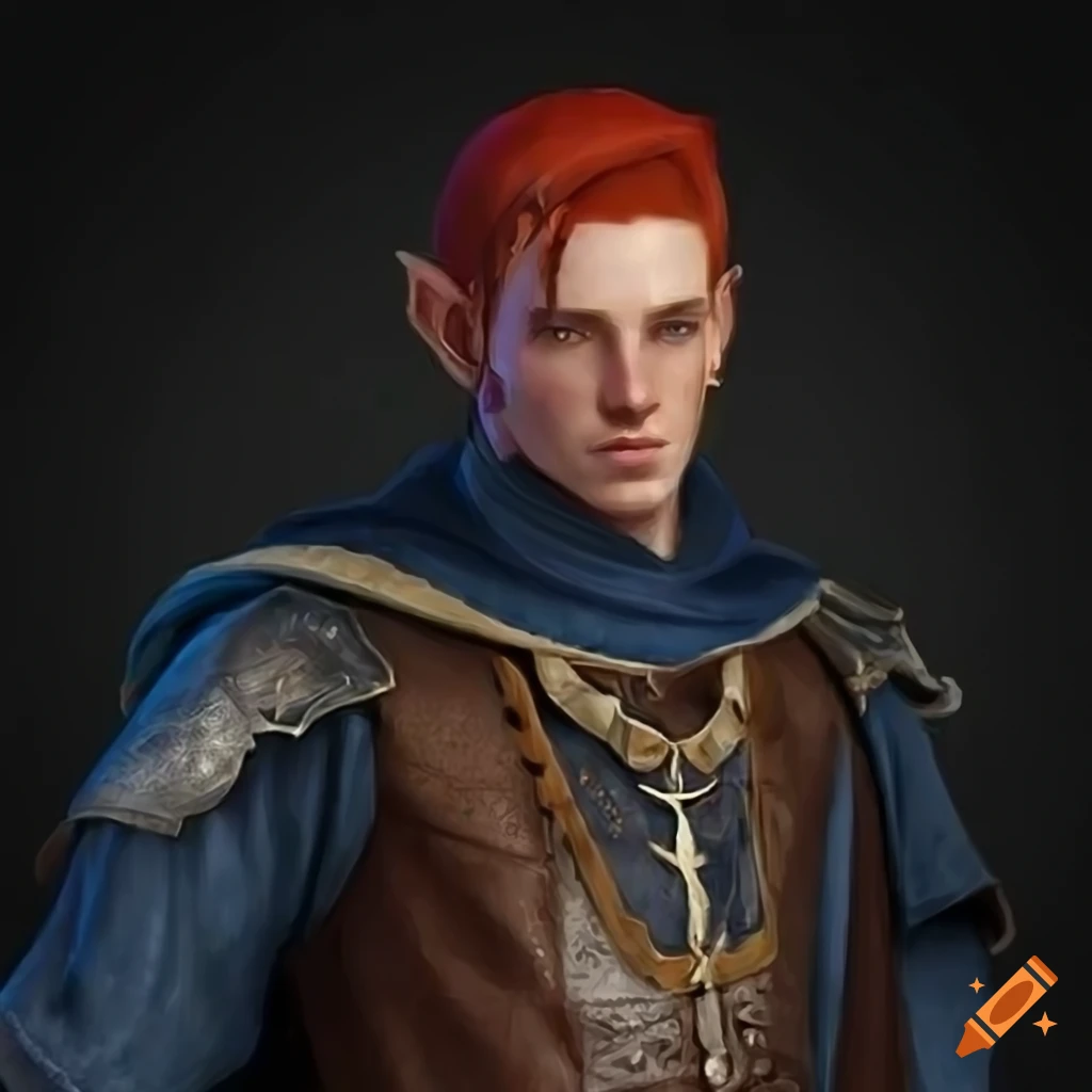 A charismatic fantasy character male half-elf with short red hair, blue ...
