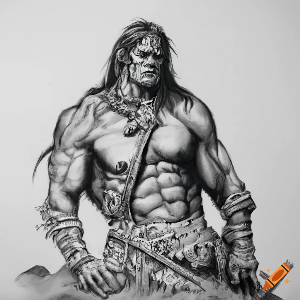 Conan the barbarian standing on mountain top lookind down at giant sphinx on Craiyon