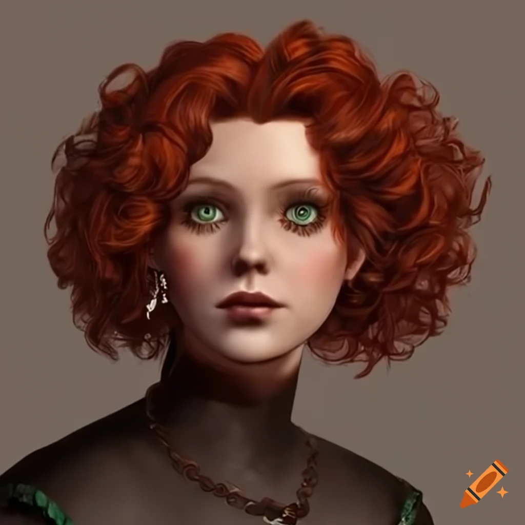 Young dwarf woman. Dark red hair cut short with curls styled backwards ...