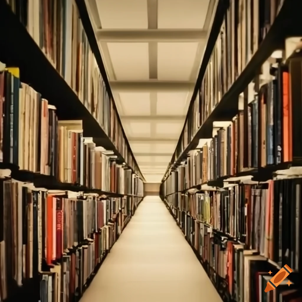 Backrooms liminal space big hallway library books shelves