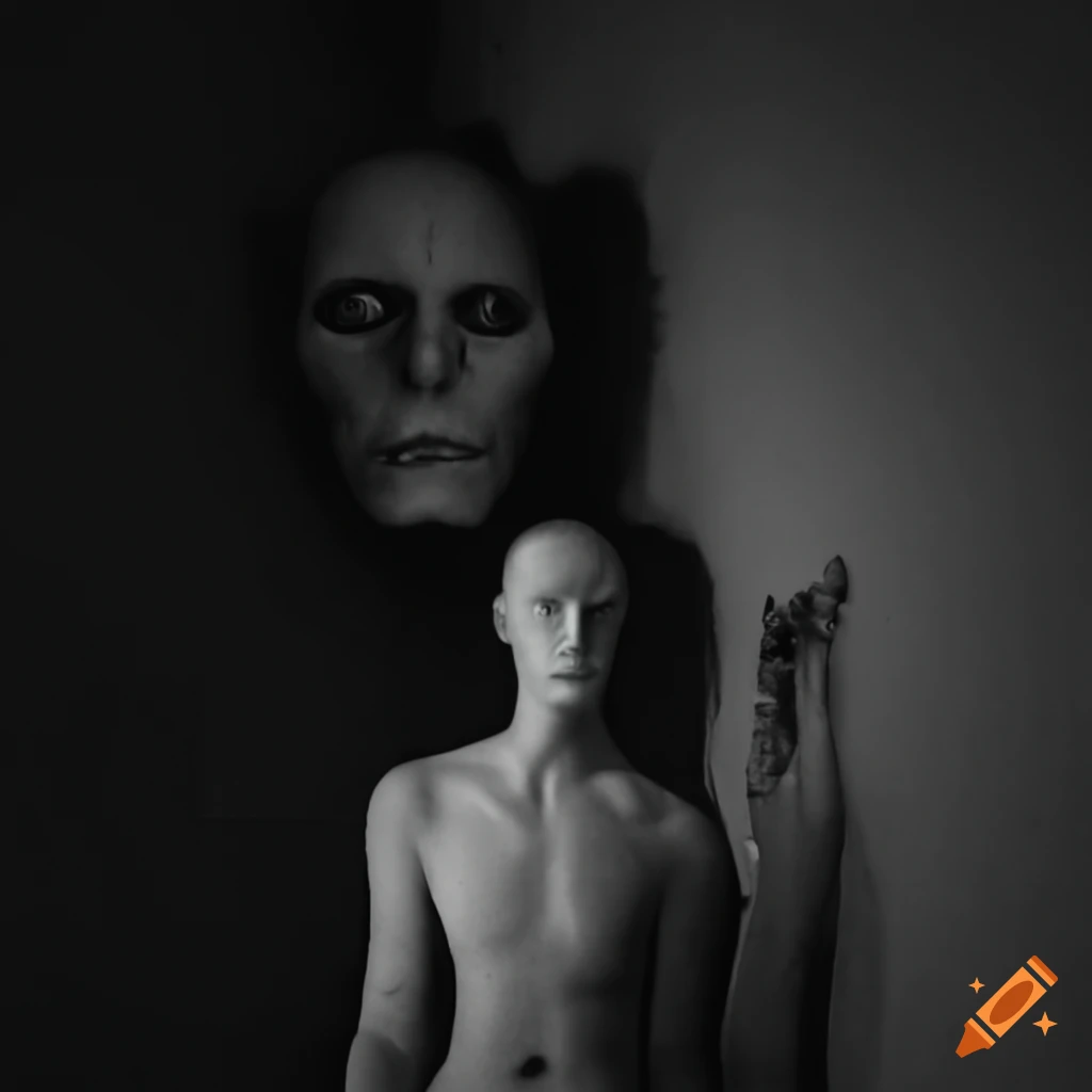 Several bizarre humanoid faces emerging from a wall, all looking in ...