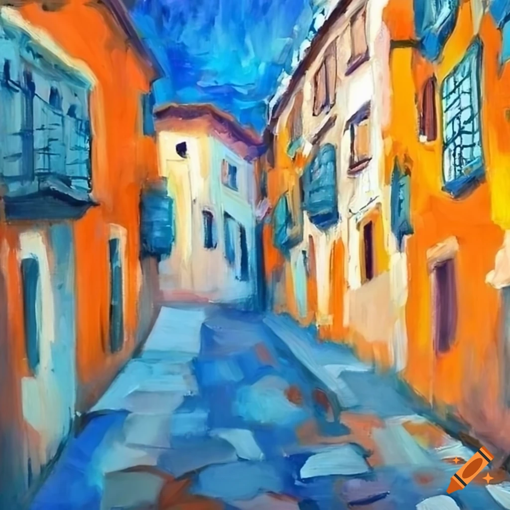 Blue and orange painting of spanish town in impressionist style on Craiyon