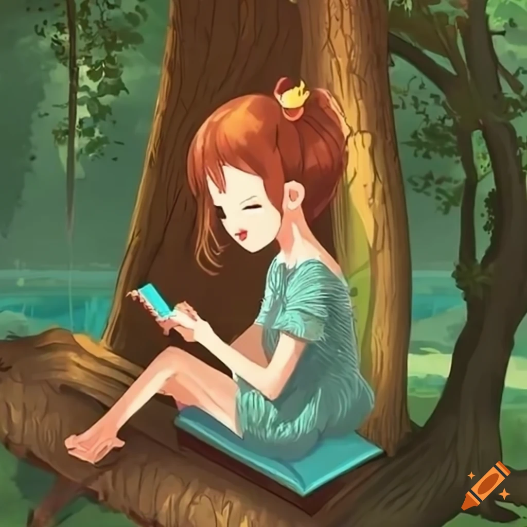 The girl who climbed a tree to relax and read a book on Craiyon