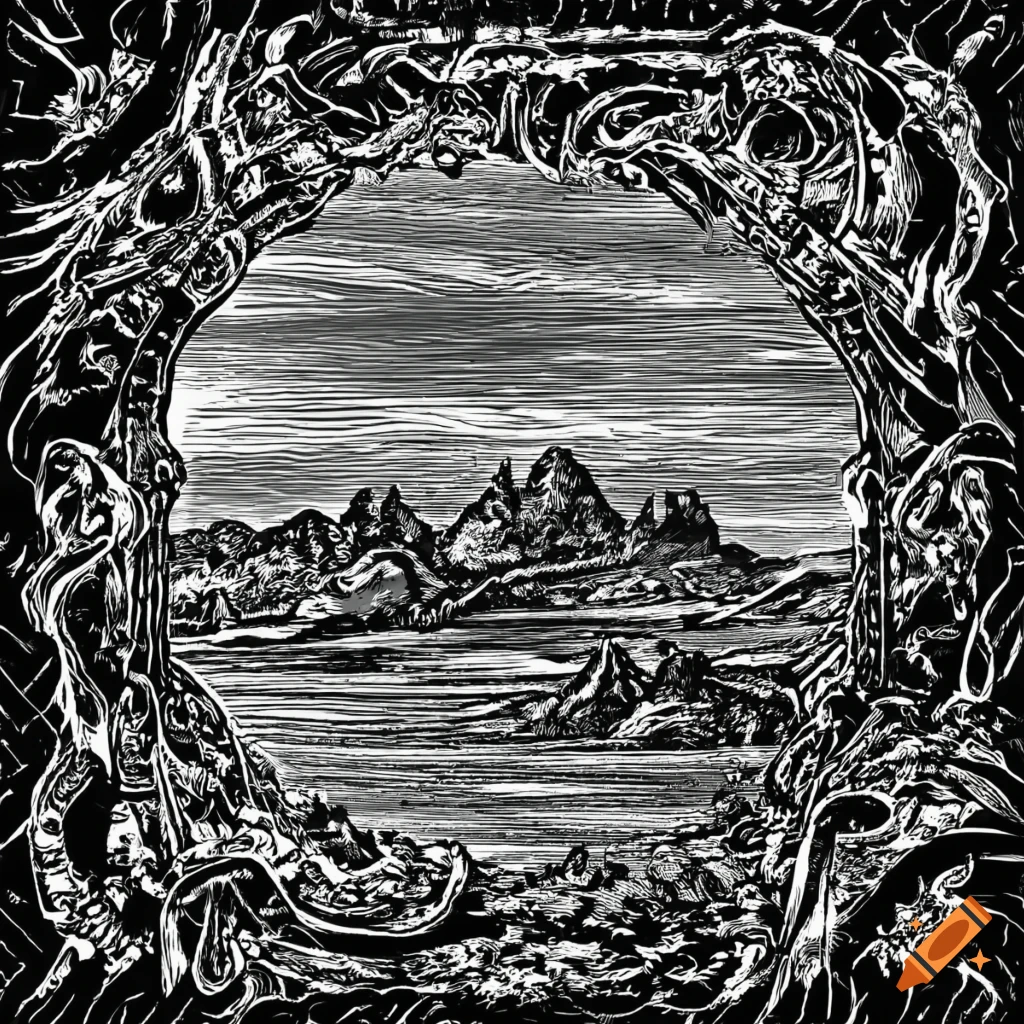 Vector medieval engraving of a landscape. slavic underworld, pagan ...