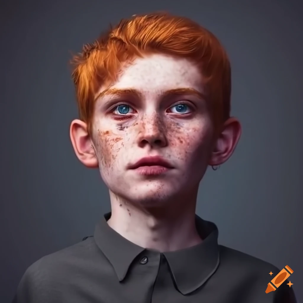 Portrait of Cal Kestis with ginger hair and freckles, staring into the ...