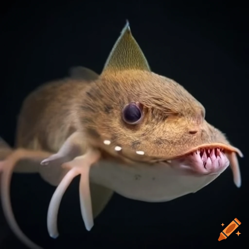 A whimsical aquatic hybrid creature with a mixture of features of both mice and carps, with big ...