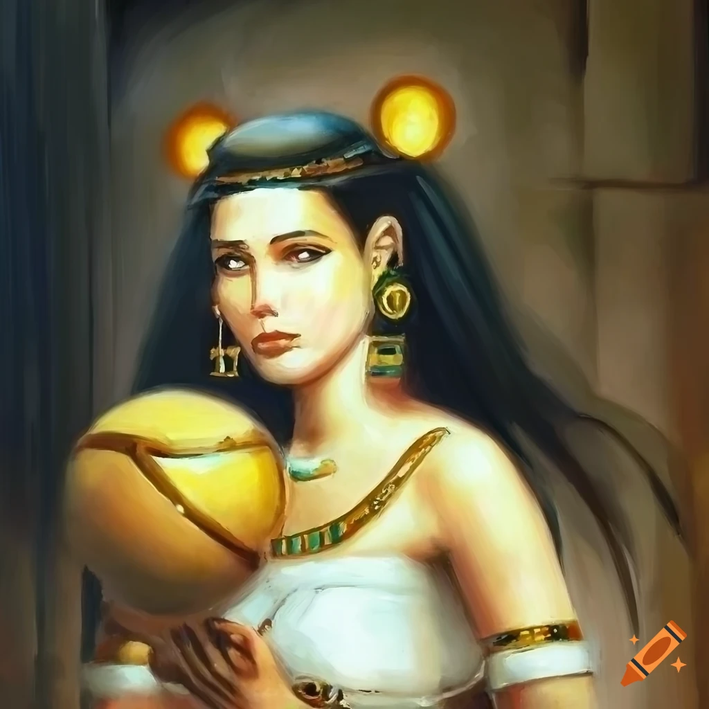 An ancient egyptian priestess, white dress with thick shoulder straps ...