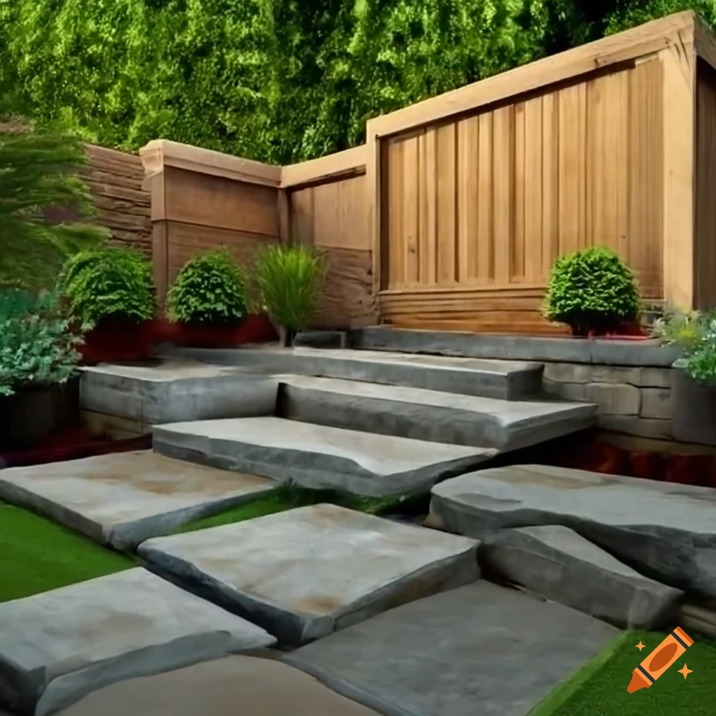 A beautifully landscaped backyard with flagstone steps and tiered ...