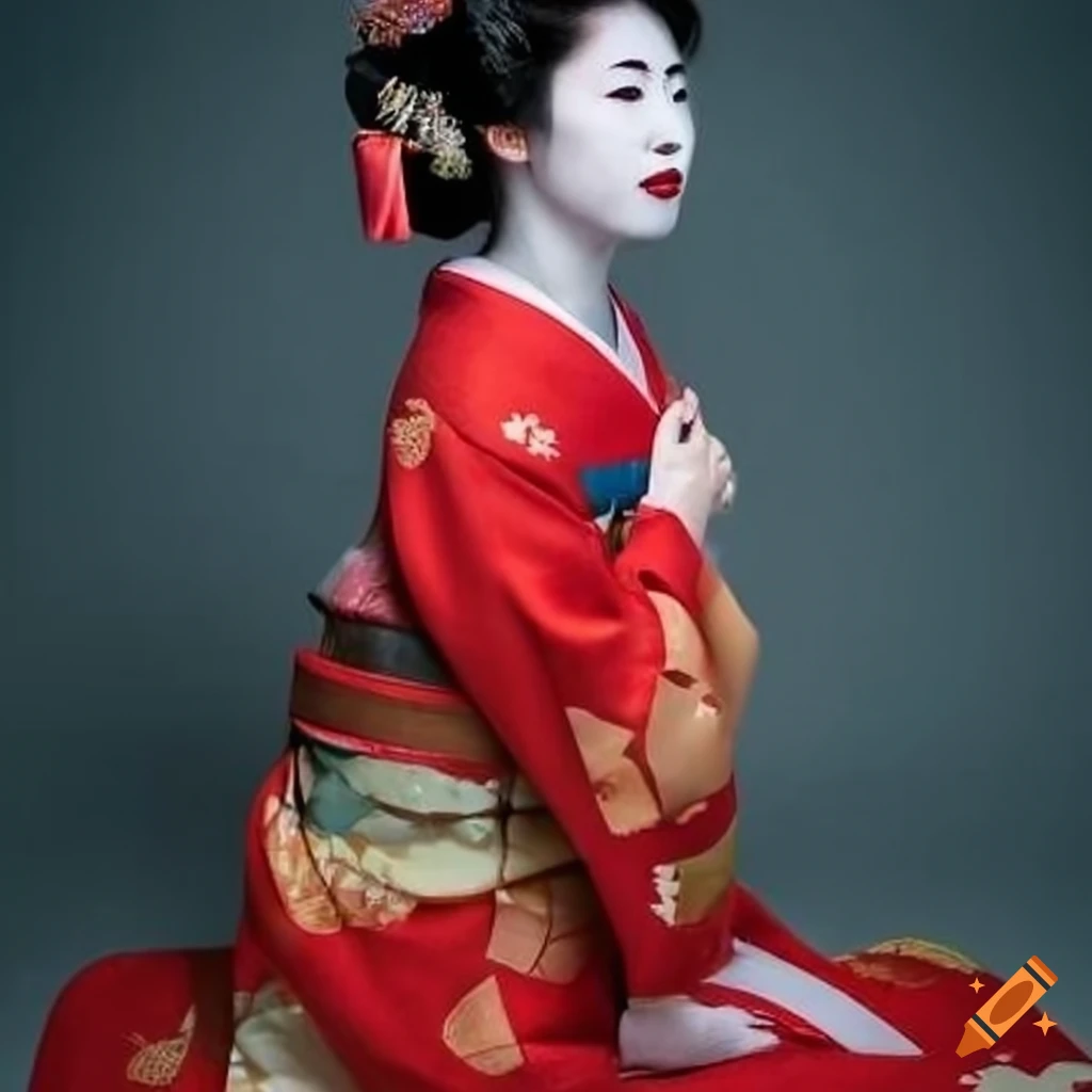 A geisha in a red kimono kneeling down