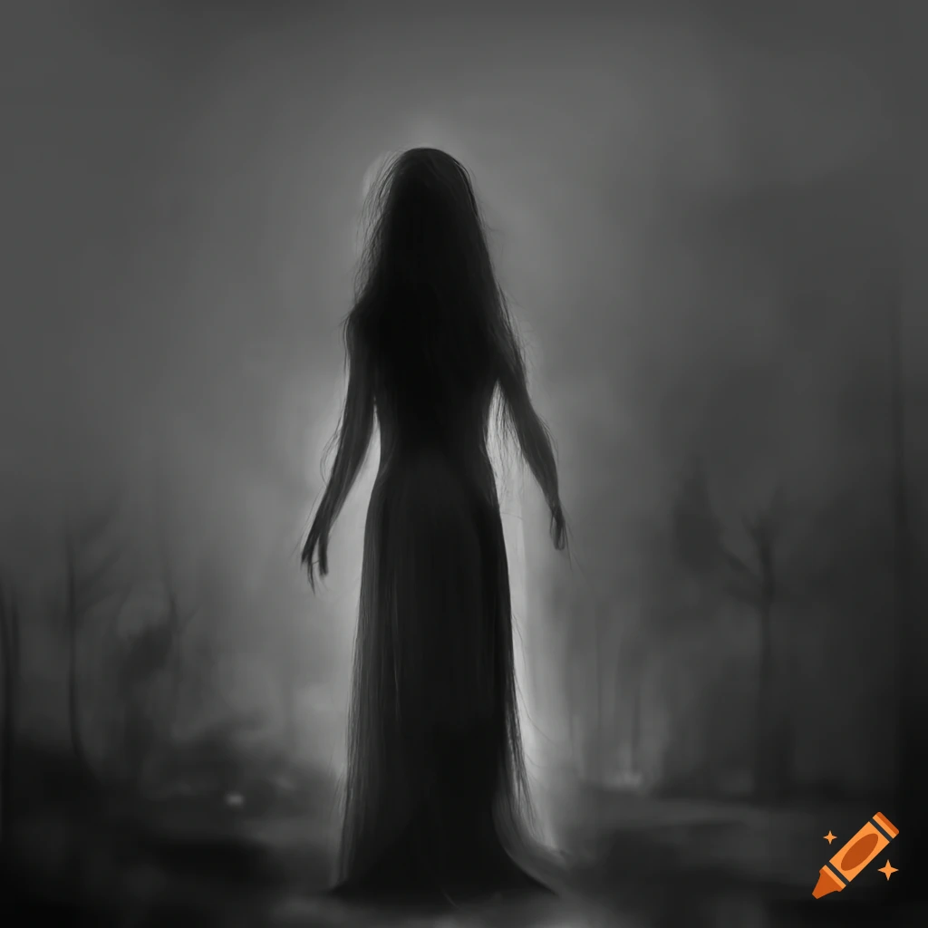 Black and white photograph of the back of a girl with long hair in the fog