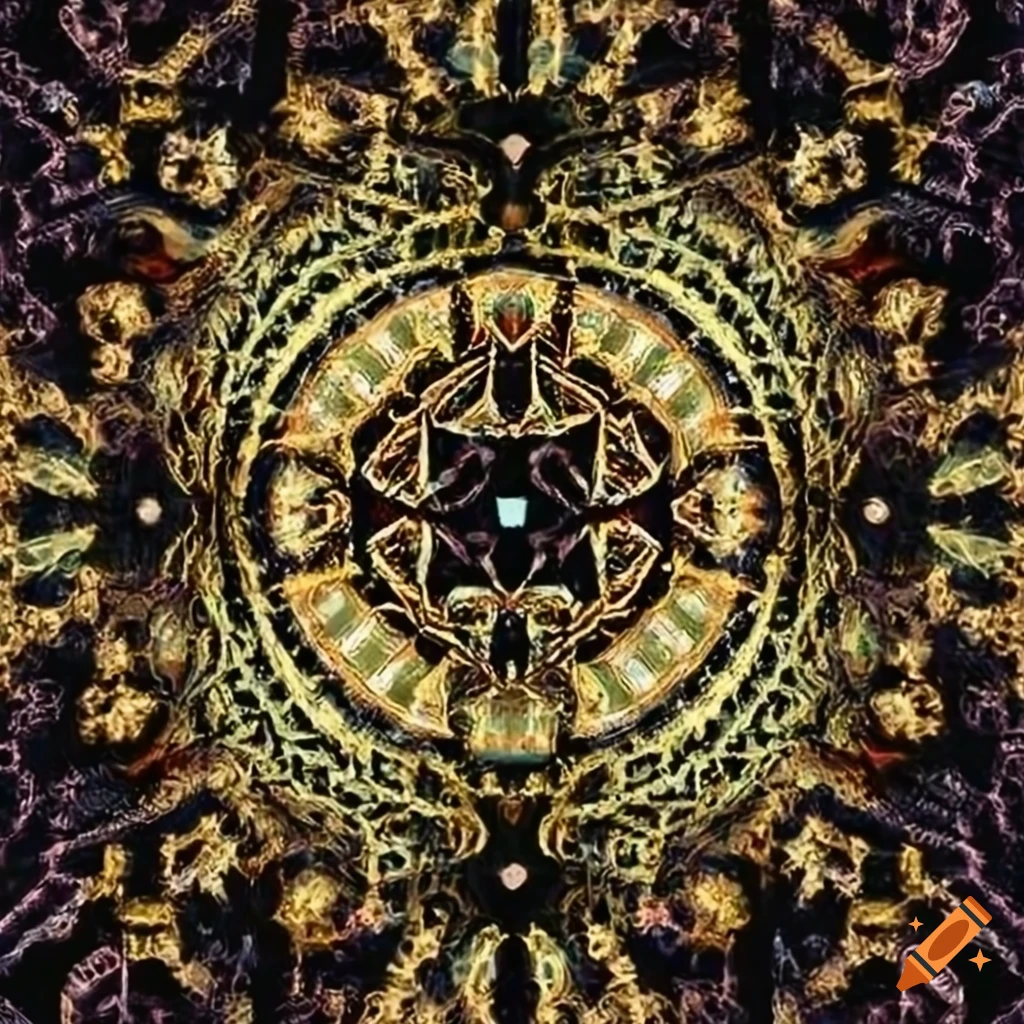 Intricate gold symmetrical rune design with vibrant abstract patterns