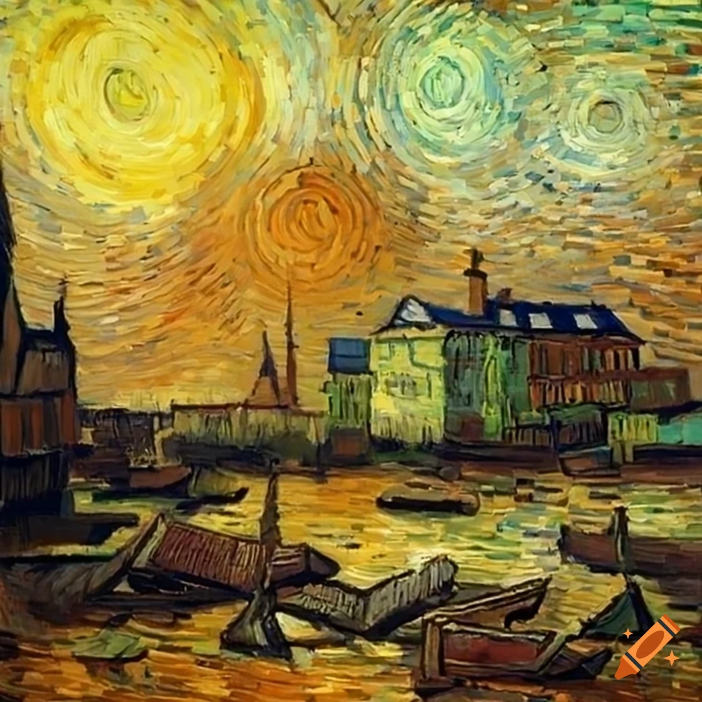 A disaster landscape with buildings, inspired by van gogh