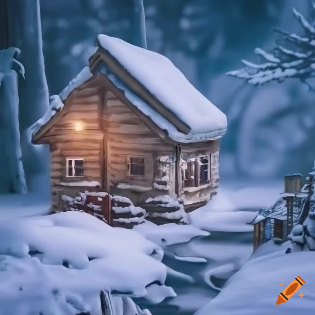 Winter village trading outpost, snowy, one building, soft focus ...