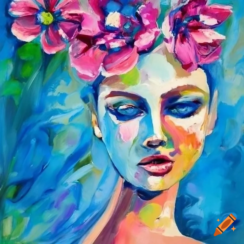 Abstract painting of a woman face, blue and pink flowers