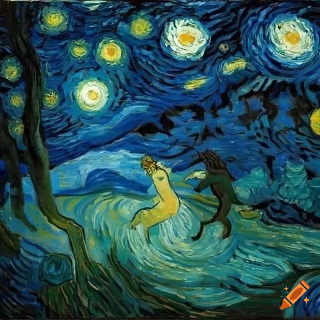 Vincent van gogh painting of fairies dancing in a moonlit, starry greek ...