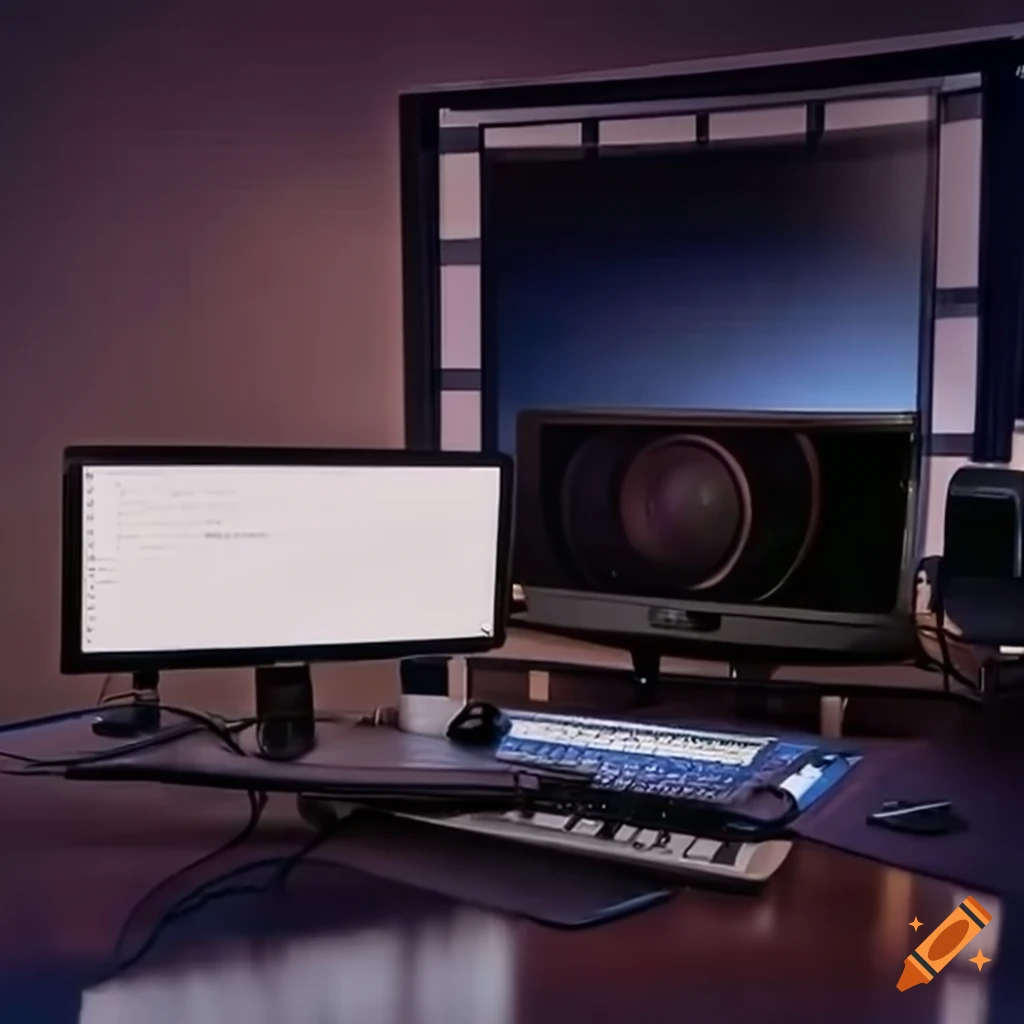 News studio with desk, monitor and microphone on desk on Craiyon
