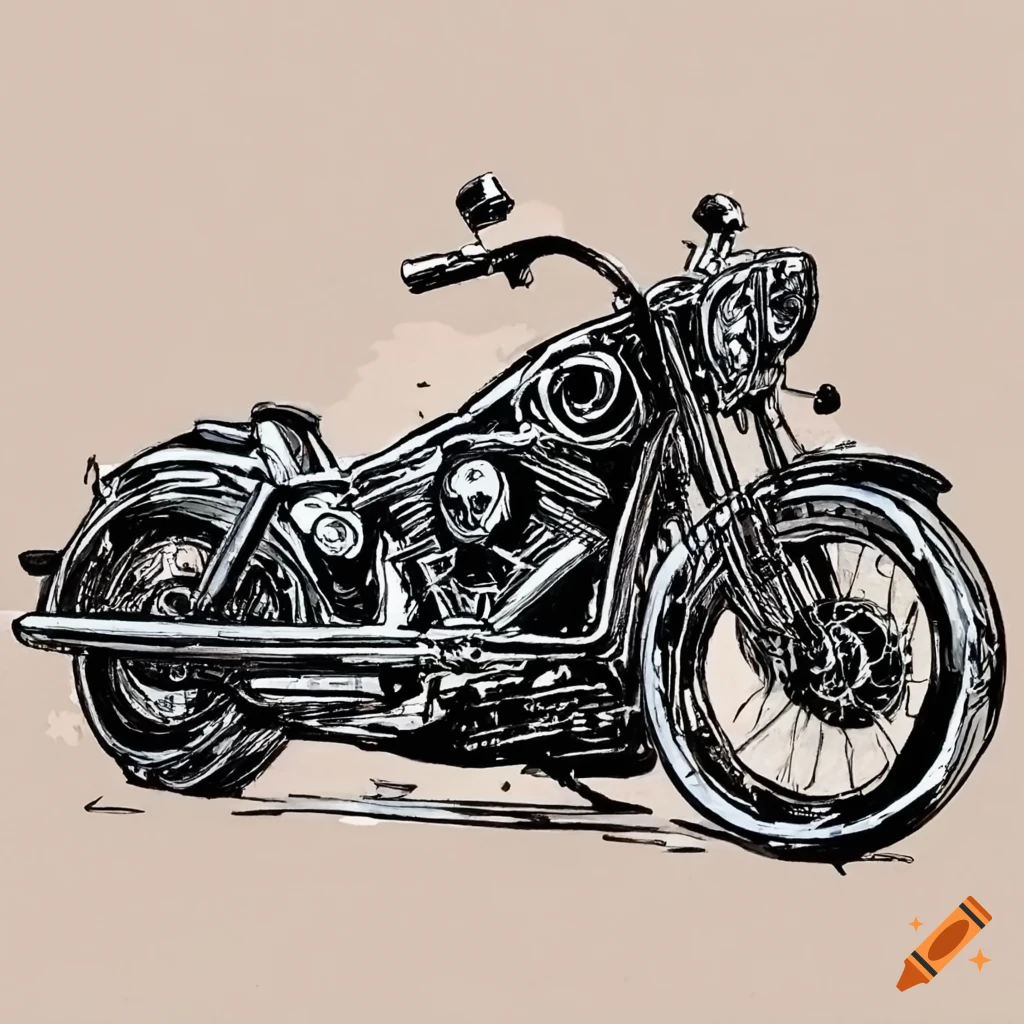 A detailed watercolor ink and pen art of a harley davidson on Craiyon