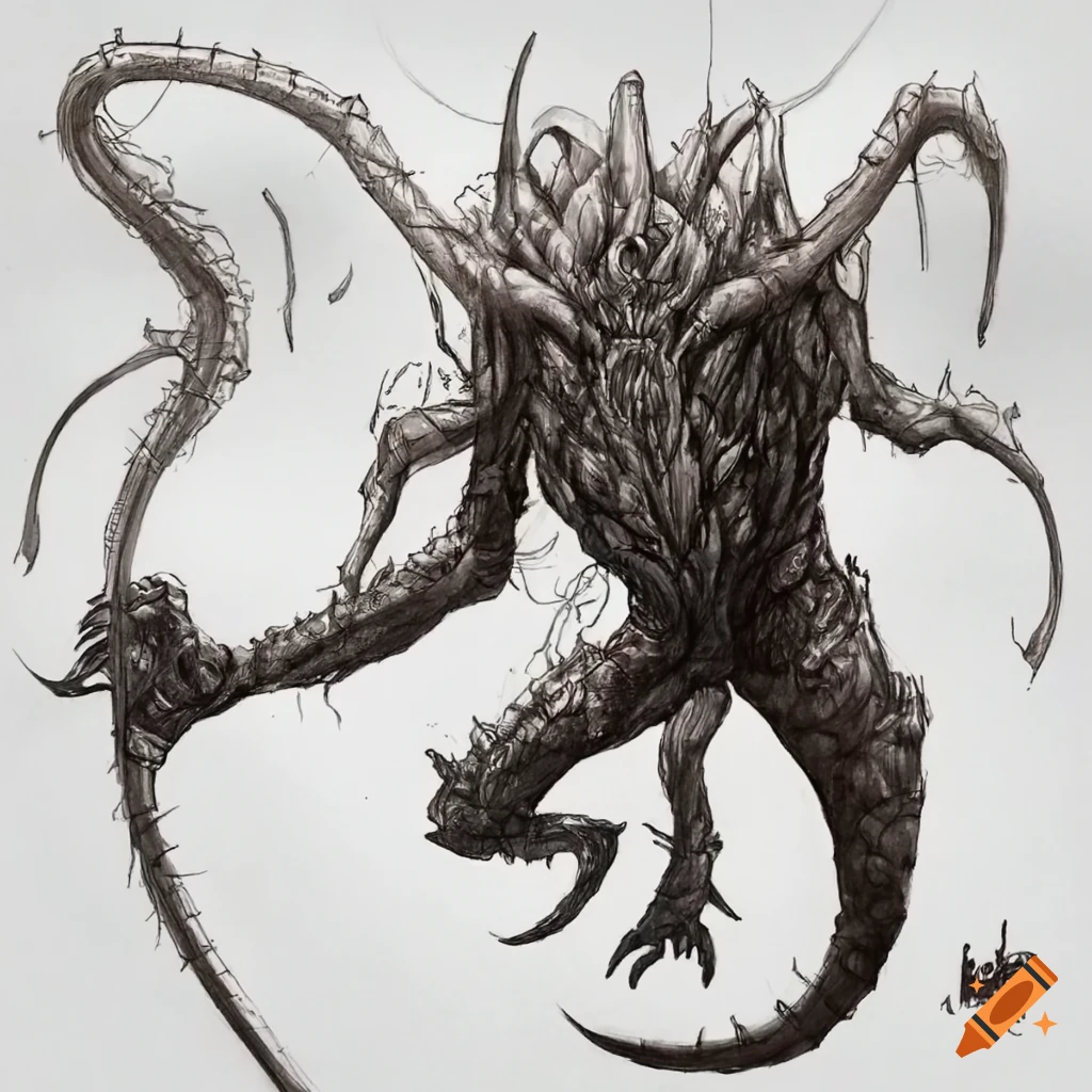Highly detailed sketch of an eldritch horror with four arms and a stinger tail on Craiyon