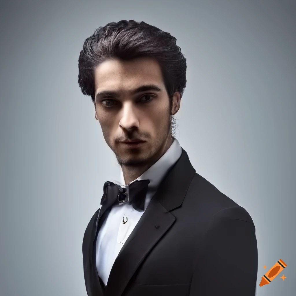 Handsome greek man in a dark suit in front of a white background