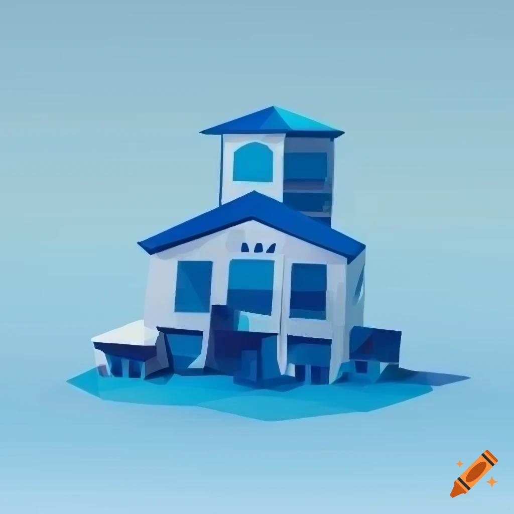 Icono low poly azul y blanco de una escuela on Craiyon