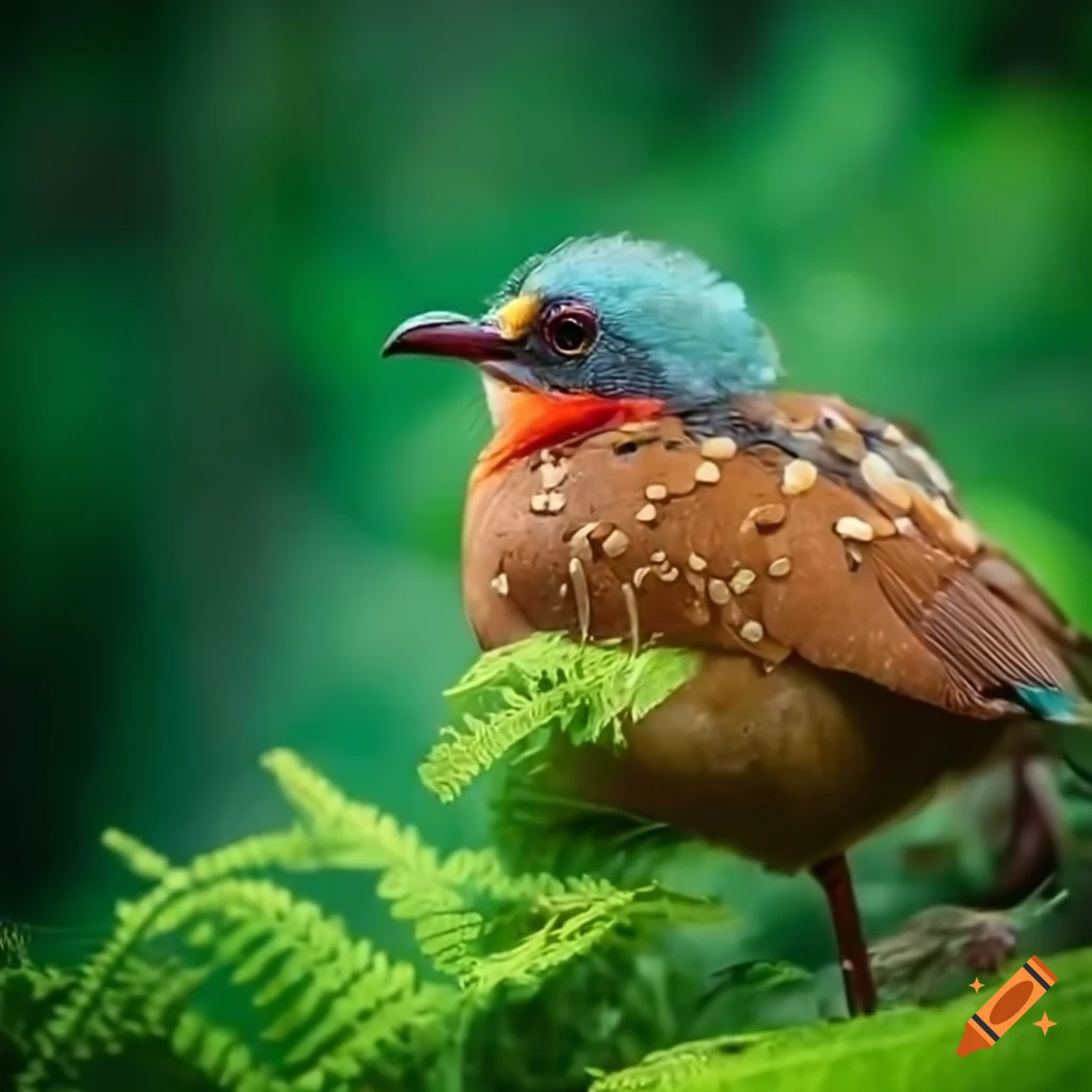 Close-up photo of a unique burger-bird hybrid in lush green ferns on ...