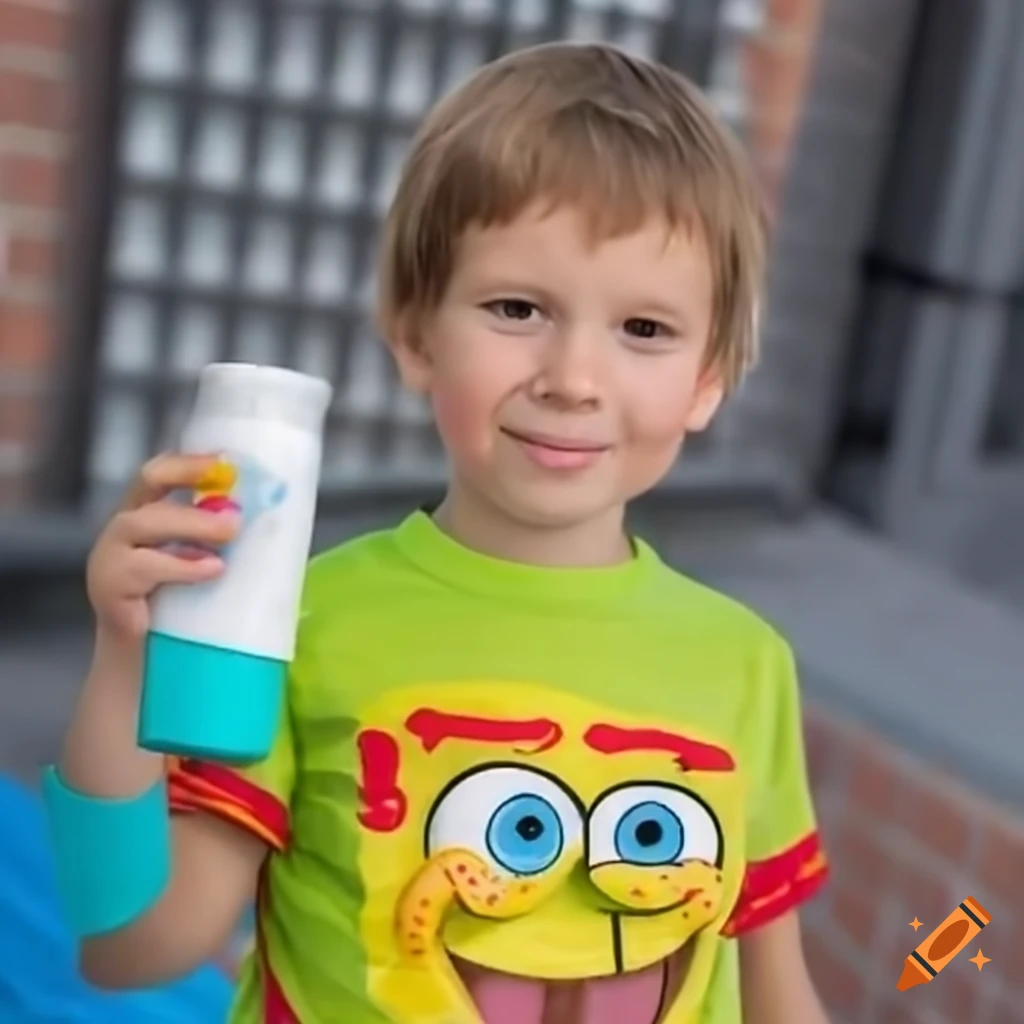 Child wearing a brightly-colored SpongeBob shirt holding a can of ...
