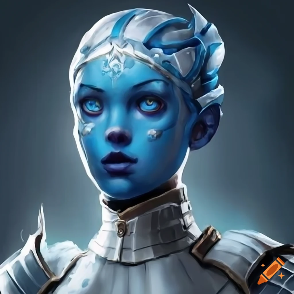 Blue skin girl in white armor on Craiyon