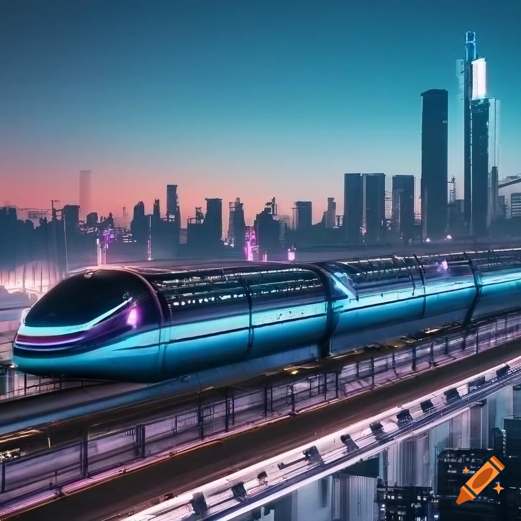 Futuristic monorail. On elevated track. In nightly bright futuristic cyberpunk city skyline. In ...