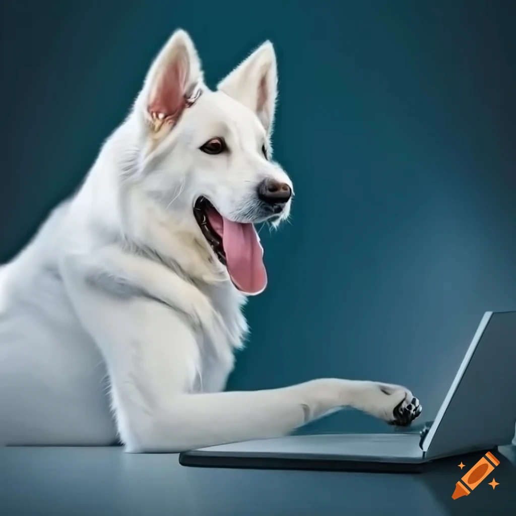 Dog breed white Swiss Shepherd working at a computer with a logo Arch Linux on Craiyon
