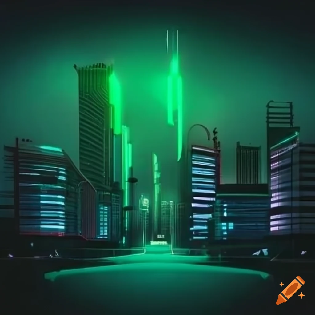 Cyber city with green neon lights on Craiyon